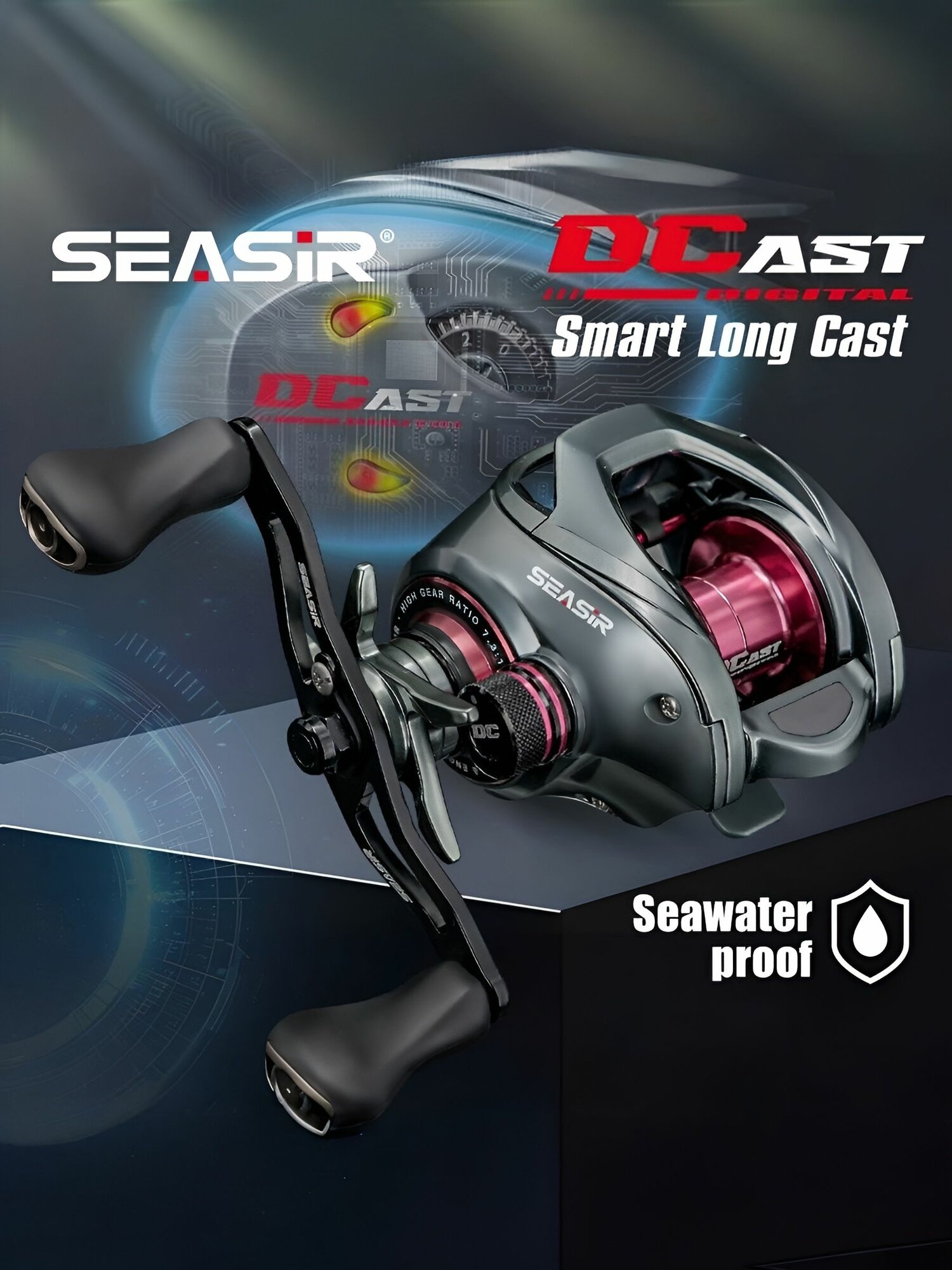 Мультипликаторная катушка SEASIR DCast c электронным контролем заброса, 7.3:1, 7+1bb, под левую руку