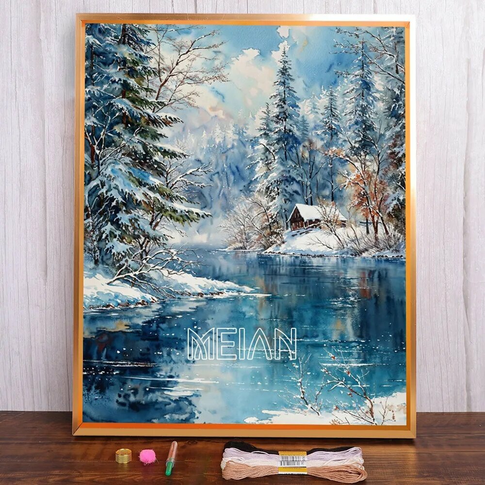 MEIAN Набор для вышивания,30x40CM,14CT, Река после снега