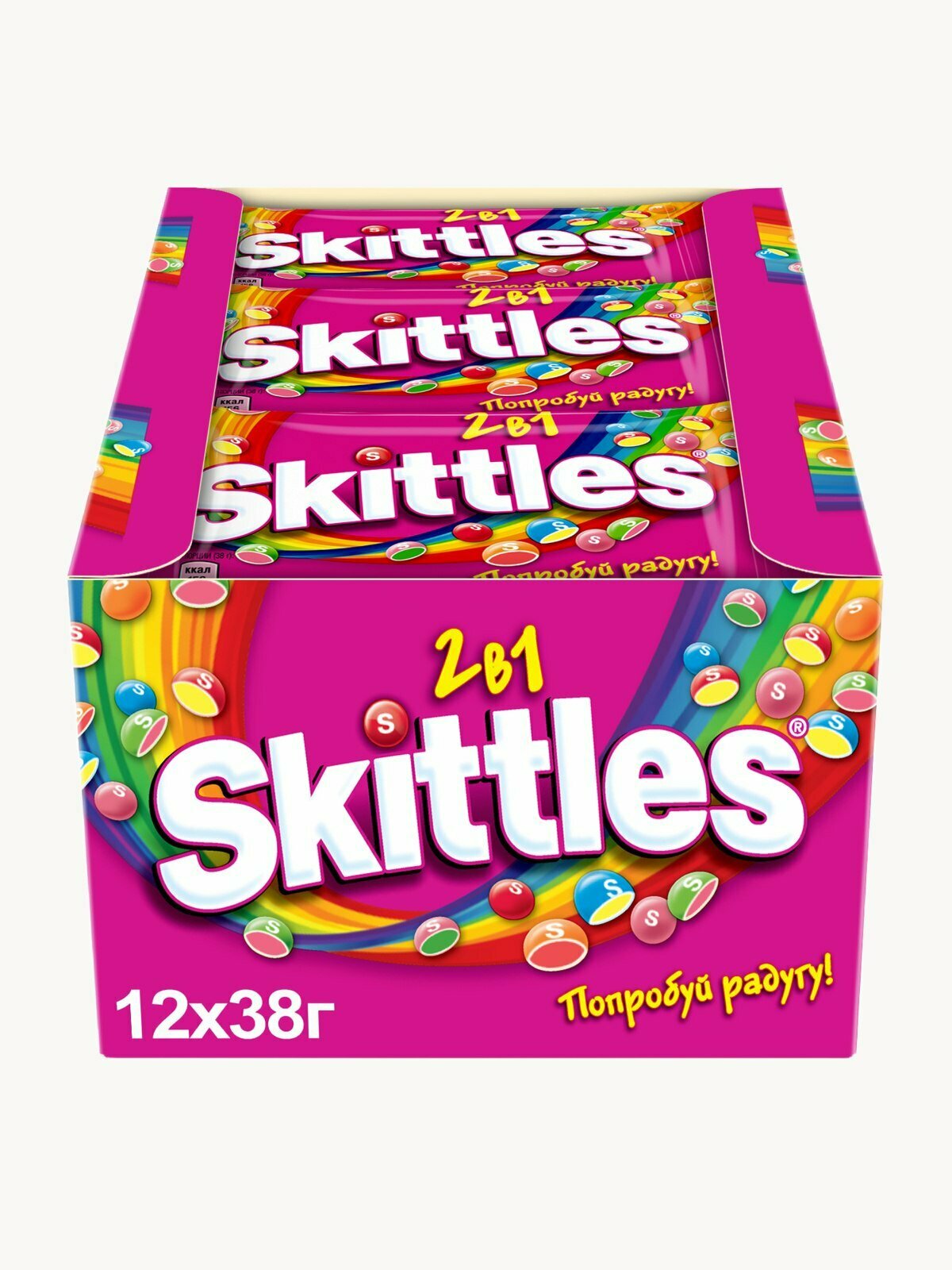 Skittles 2в1 драже в разноцветной сахарной глазури. 38 г. 12 уп.