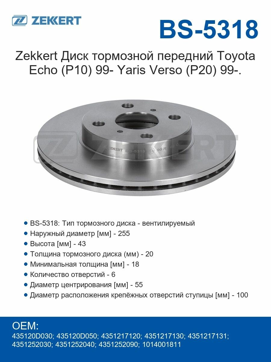 Zekkert Диск тормозной передний Toyota Echo (P10) 99- Yaris Verso (P20) 99-.