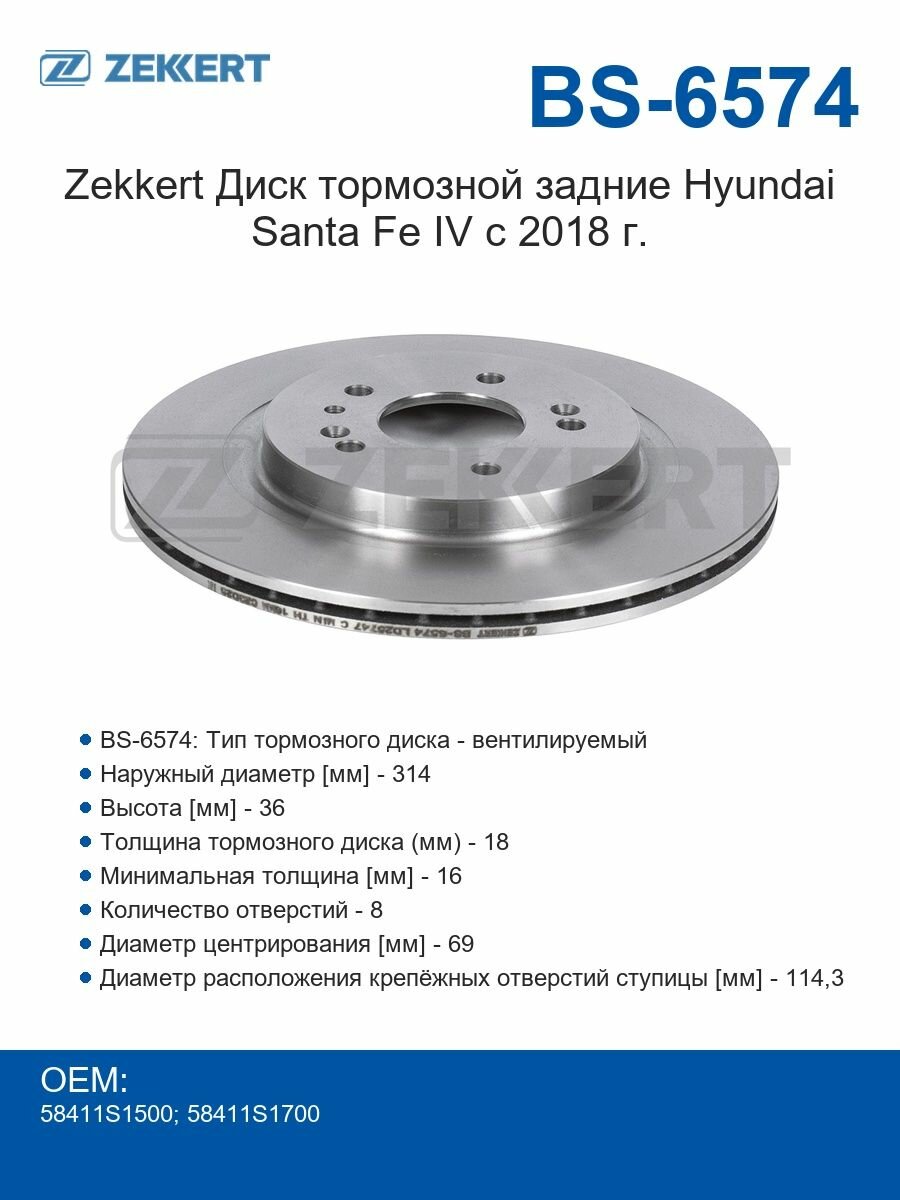 Zekkert Диски тормозные задние Hyundai Santa Fe IV с 2018 г.