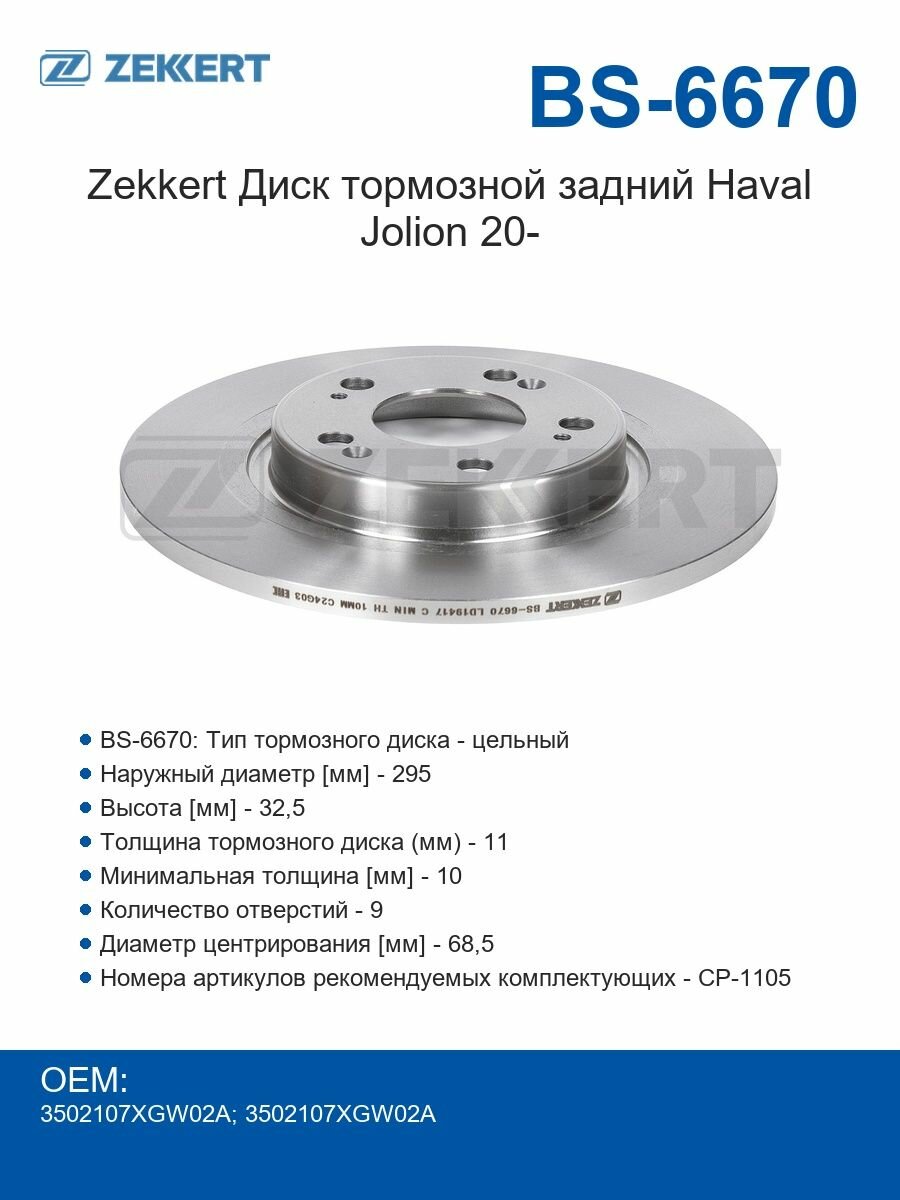 Zekkert Диск тормозной задний Haval Jolion 20-