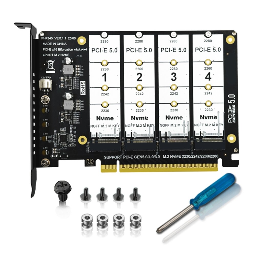 Обновляет хранилище ПК с помощью карты расширения PCIe 5.0 до 4 твердотельных накопителей NVMe M.2