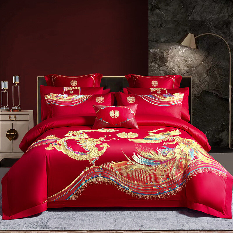 Новый китайский стиль, свадебный комплект из четырех предметов из 100% хлопка, ярко-красный, длинноволокнистый хлопок, вышивка дракона и феникса, высококачественное домашнее текстильное постельное белье