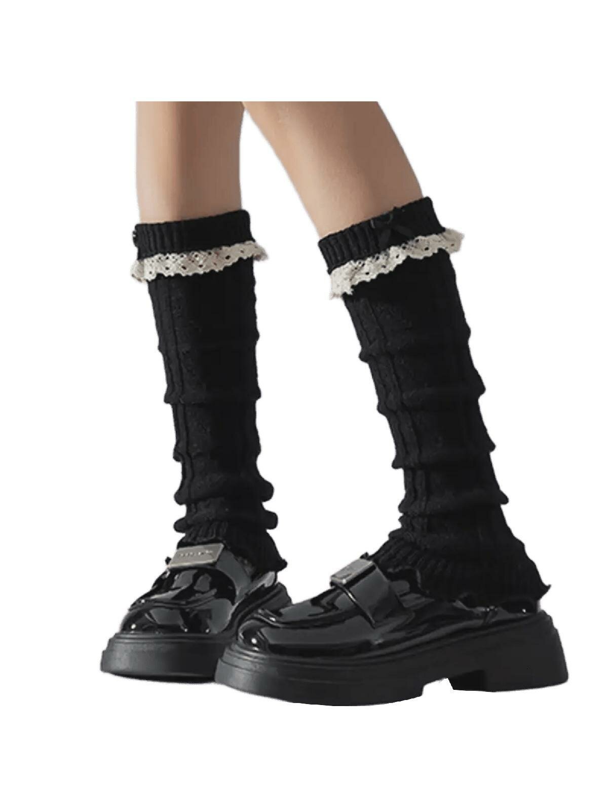 Женские вязаные гетры с кружевами и бантом, Черные вертикальные полосы