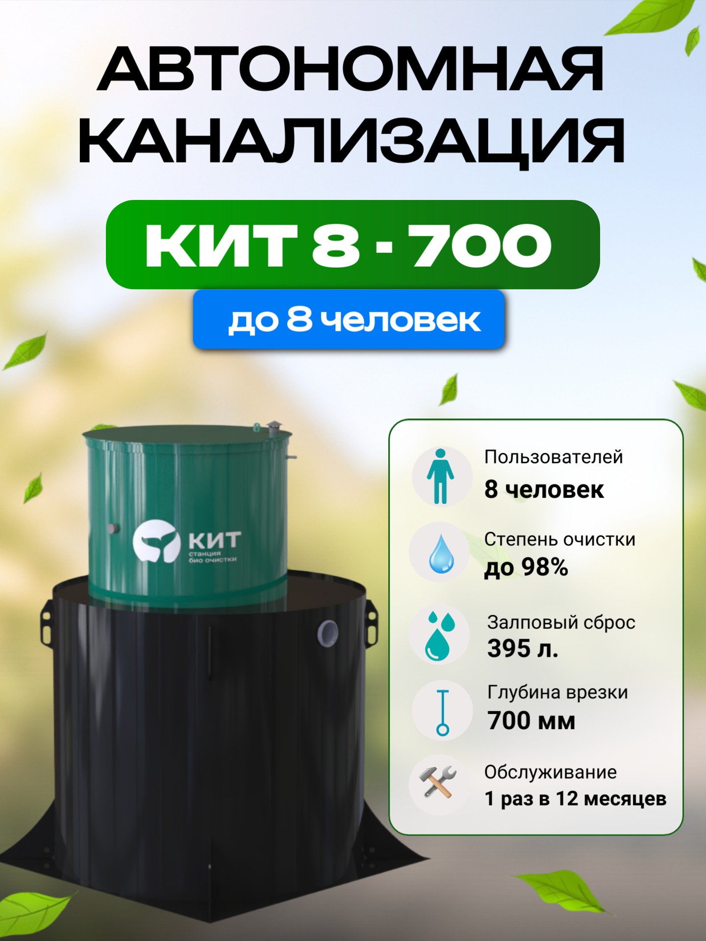 Септик КИТ-8-700 для дома и дачи, глубина врезки 700 мм, 8 пользователей, 395 л залповый сброс