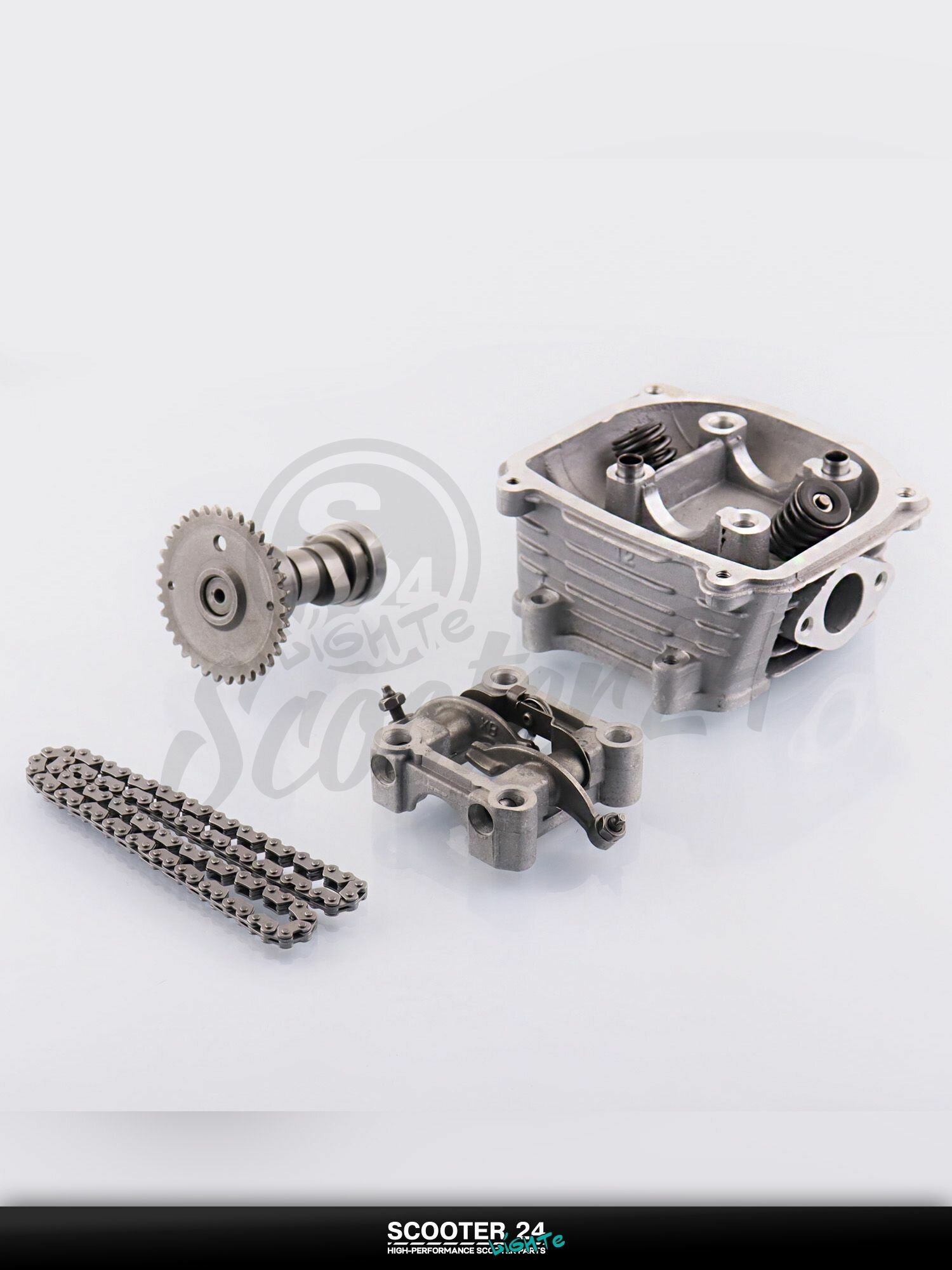 Головка цилиндра в сборе без крышки на китайский 4T мотоцикл и мопед GY6 125 кубов, +цепь ГРМ) (d 22/24) "JK"