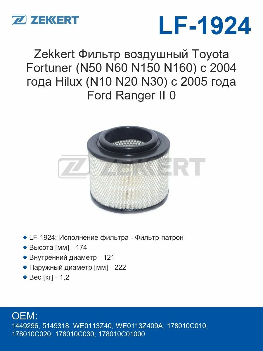 Zekkert Фильтр воздушный Toyota Fortuner (N50 N60 N150 N160) с 2004 года Hilux (N10 N20 N30) с 2005 года Ford Ranger II 0