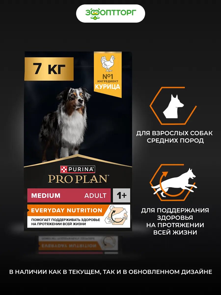 Сухой корм PRO PLAN EVERYDAY NUTRITION для взрослых собак средних пород Курица, 7 кг.