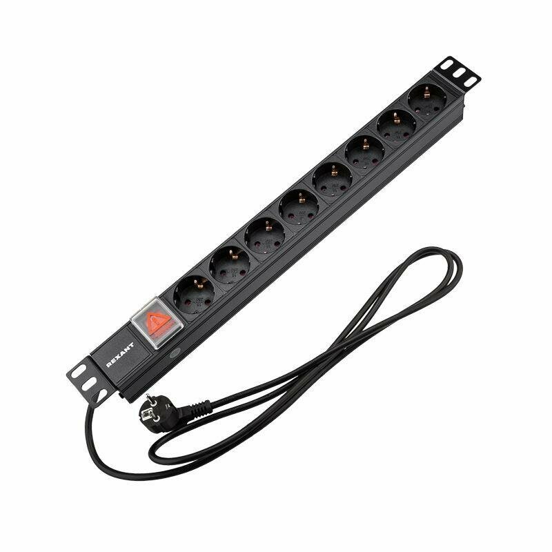 Блок распределения питания PDU 8 розеток СЕЕ 7/4 Schuko 16А выкл. вилка СЕЕ 7/7 горизонт. шнур 2м корпус алюм. Rexant 04-0104-1