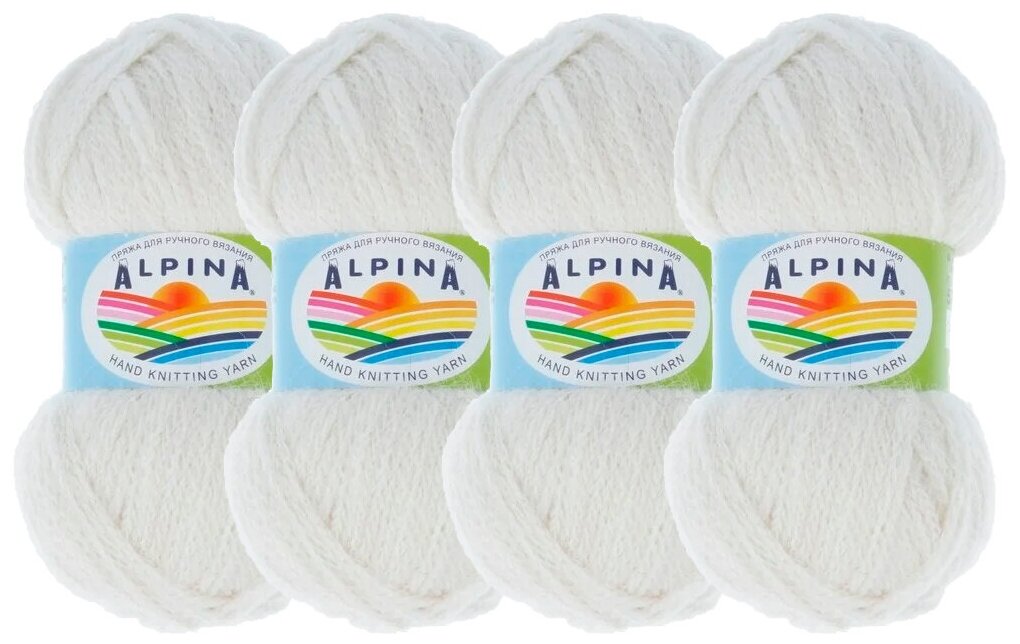 Пряжа Alpina "ALPACA TRENZA" 90% альпака, 10% полиамид №01 белый (натуральный) - 4 мотка по 50 г