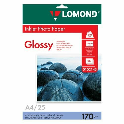 Фотобумага Lomond A4, для струйной печати, 25л, 170г/м2, белый, покрытие глянцевое [0102143]