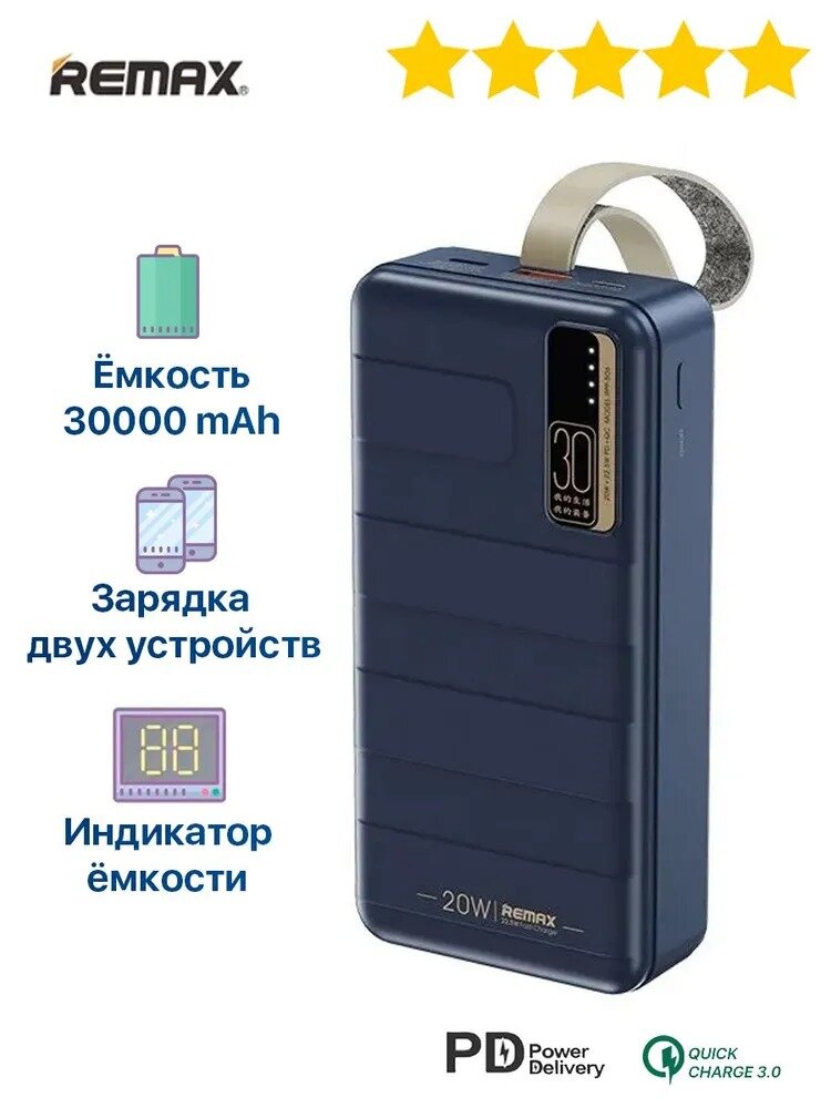 Внешний аккумулятор повербанк Power bank Remax RPP-506 30000mAh PD 20W + QC 22.5W синий