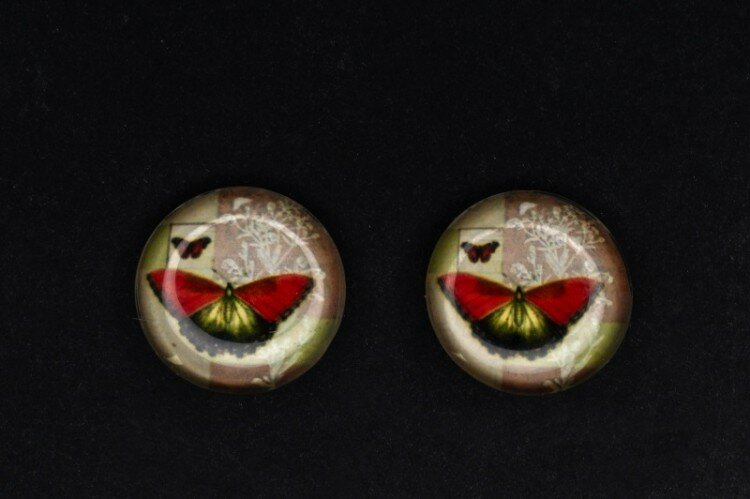 Кабошон стеклянный круглый с принтом Бабочки 20х5мм, цвет разноцветный, 2030-009, 1шт