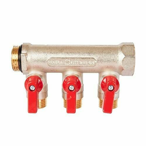Коллектор запорный проходной STOUT - 3/4" (НР-O-ring/ВР) на 3 контура 1/2" (НР, ручки красные)