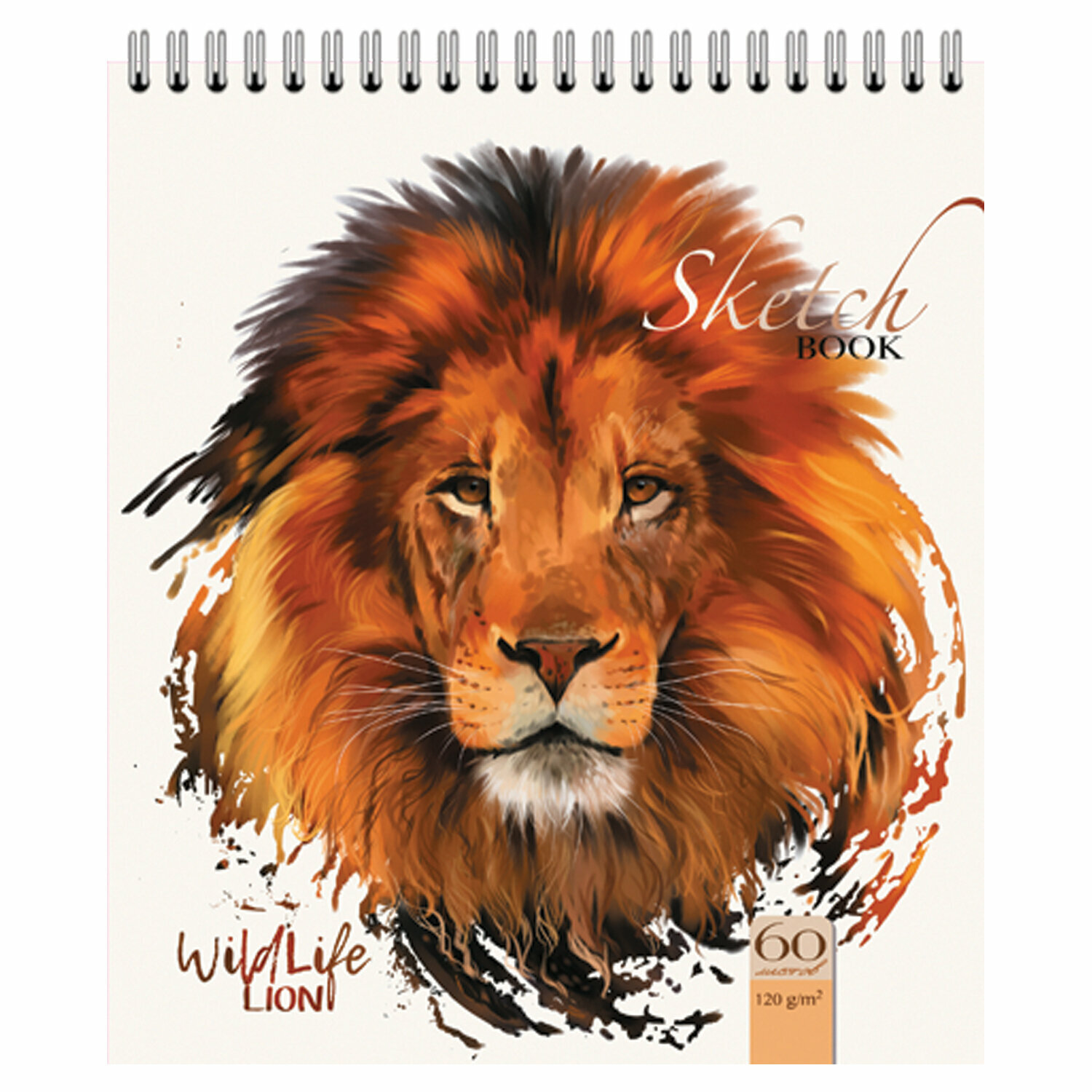 Скетчбук, белая бумага 120 г/м2, 170х195 мм, 60 л, гребень, фольга, выборочный твин лак, "Лев", 99488