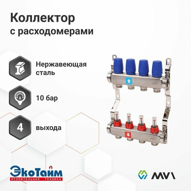 Коллектор MVI из нержавеющей стали в сборе с расходомерами 4 выхода / контура / отвода
