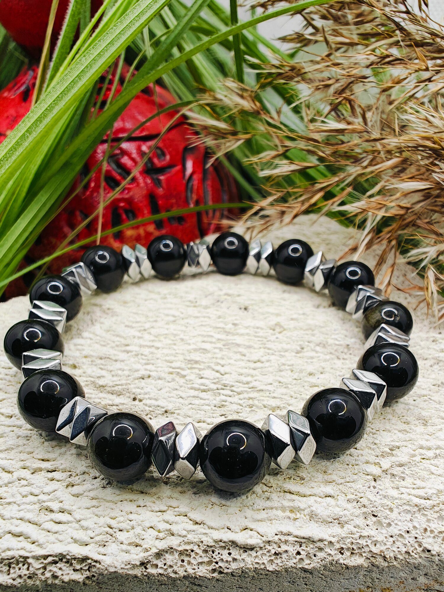 Браслет, гематит, обсидиан