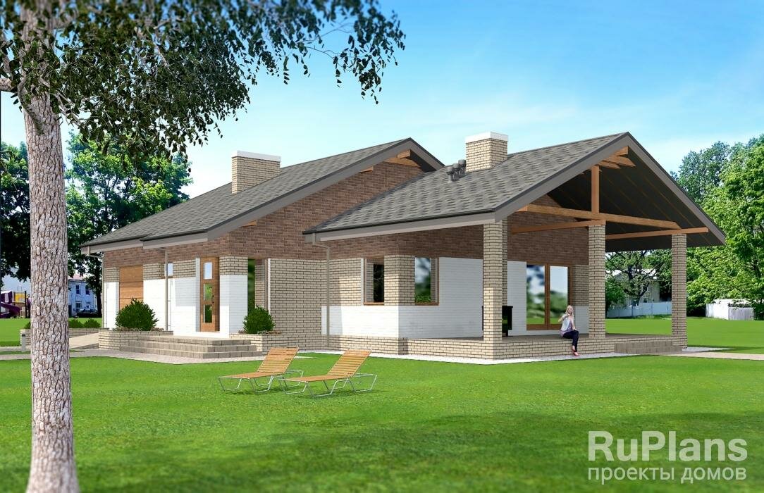 Одноэтажный дом с террасой (123 м2, 13м x 13м) Rg5085