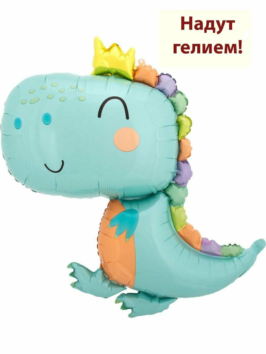 Воздушный шар с гелием фольгированная фигура Динозаврик в короне 1шт