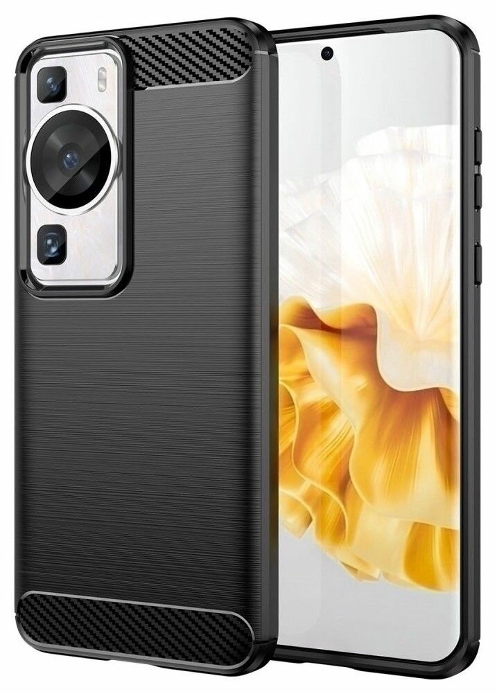 Чехол на Huawei P60 Pro силиконовый карбон сталь чёрный противоударный