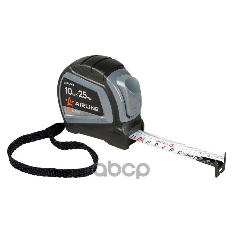 Рулетка AIRLINE 10 м х 25 мм PRO (автостоп, дв. зацеп, дв. шкала) в прорезиненном корпусе AIRLINE арт. ATBQ018