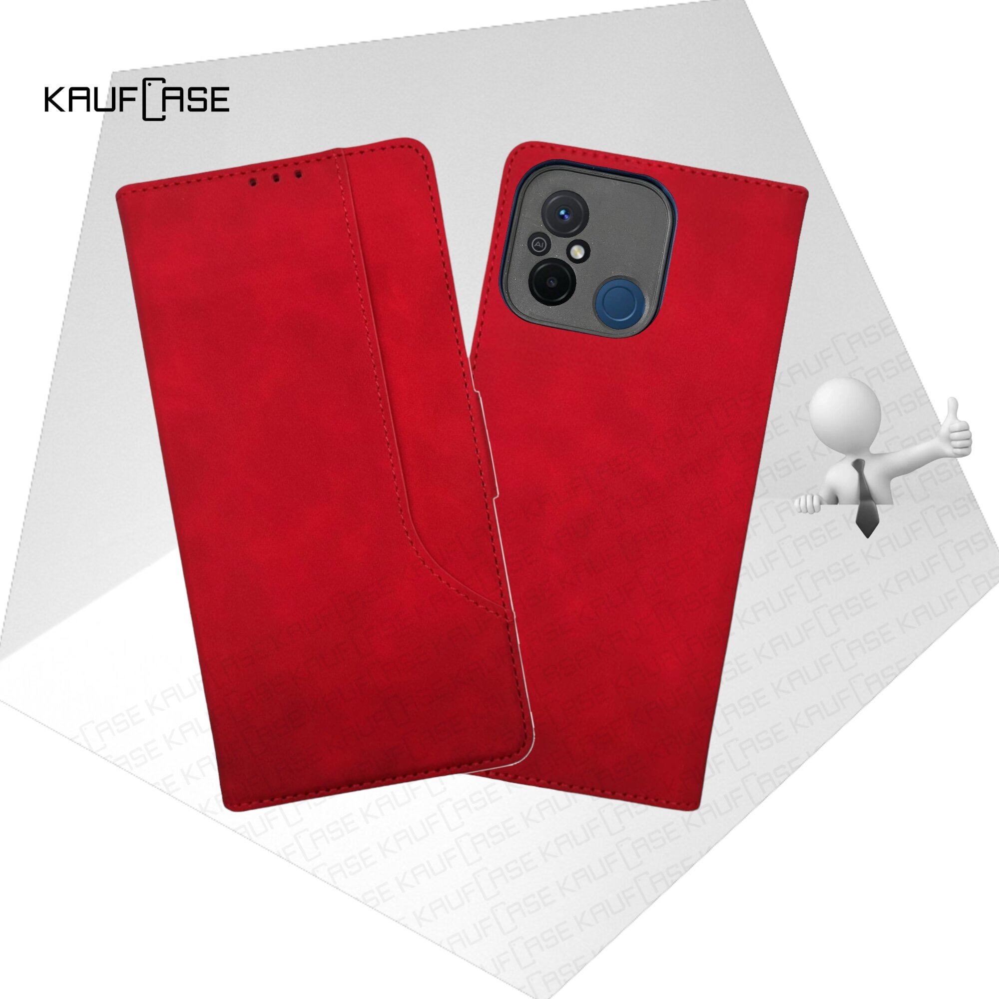 Чехол книжка с карманом кошельком для вашего смартфона Xiaomi Redmi 12C /Poco C55 (6.71"), красный. Матовая текстура под кожу, дополнительный карман на крышке чехла, отделения для карт и купюр