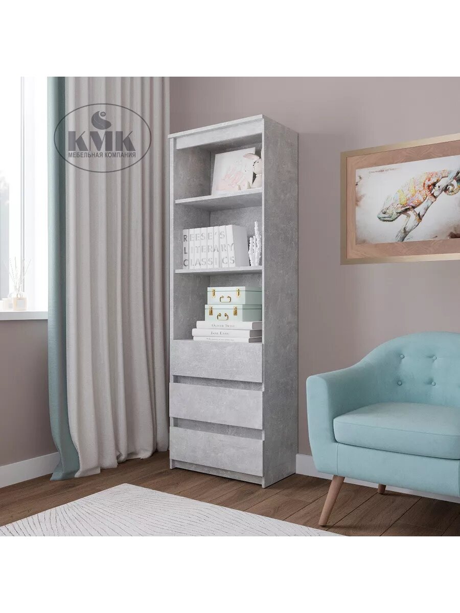 Шкаф пенал КМЗ, ЛДСП, 180х60x36 см, 3 ящика и полки, шариковые направляющие, серый