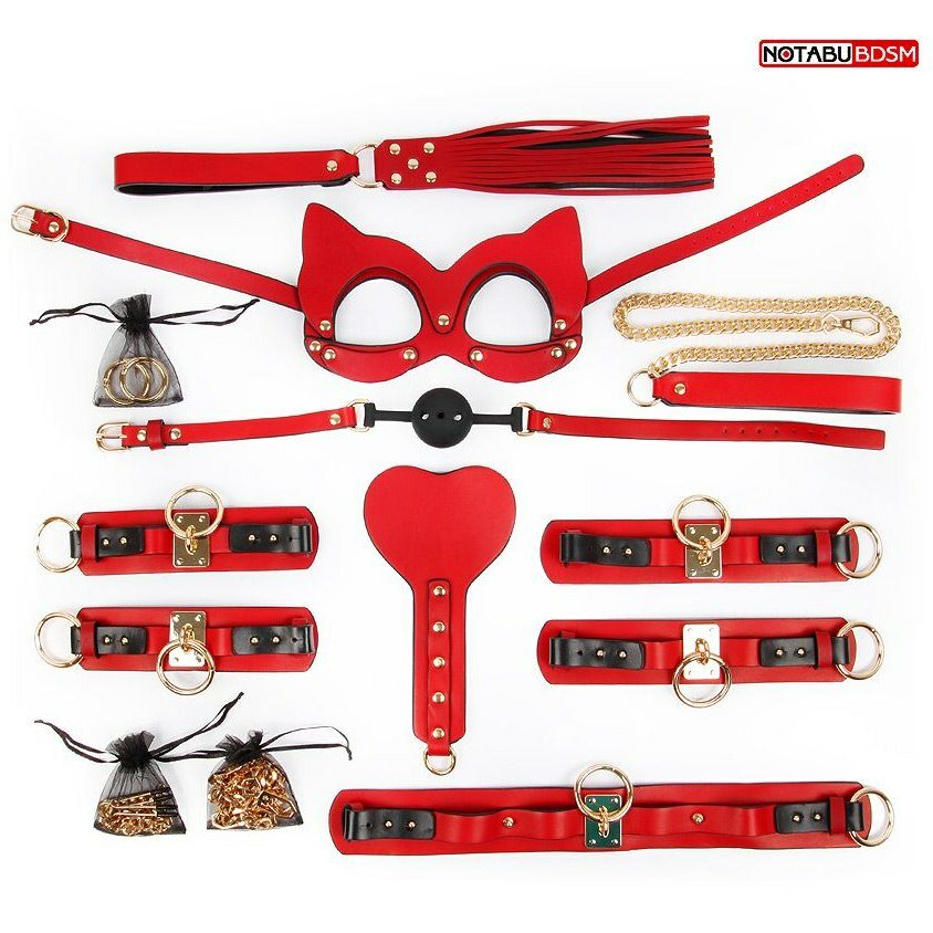 Набор (наручники, оковы, маска, ошейник, плеть, поводок, кляп, шлёпалка, зажимы) красные