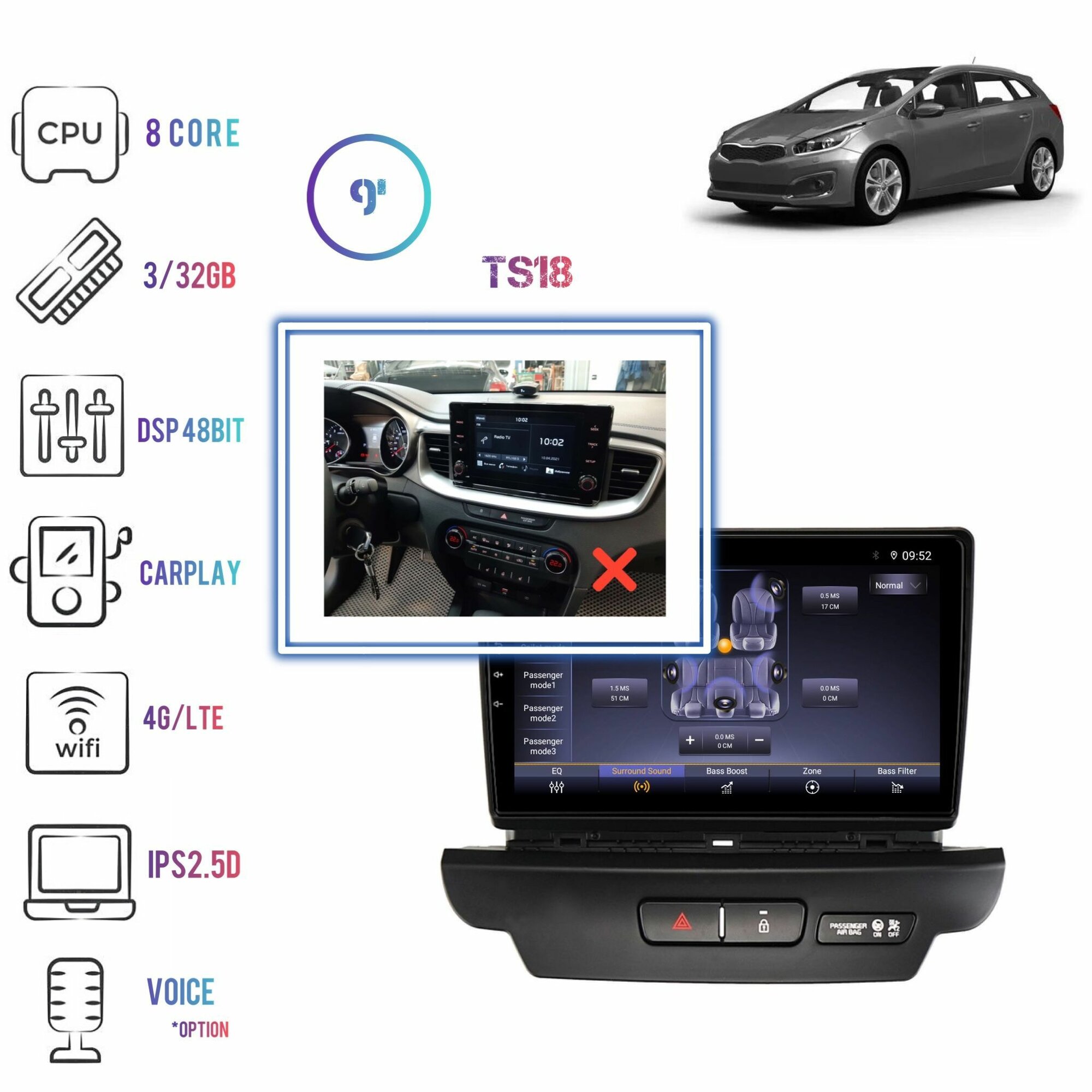 Магнитола XY AUTO TS18, для Kia Ceed, Android 11, 3GB/32GB, 8 ядер, 50 Вт