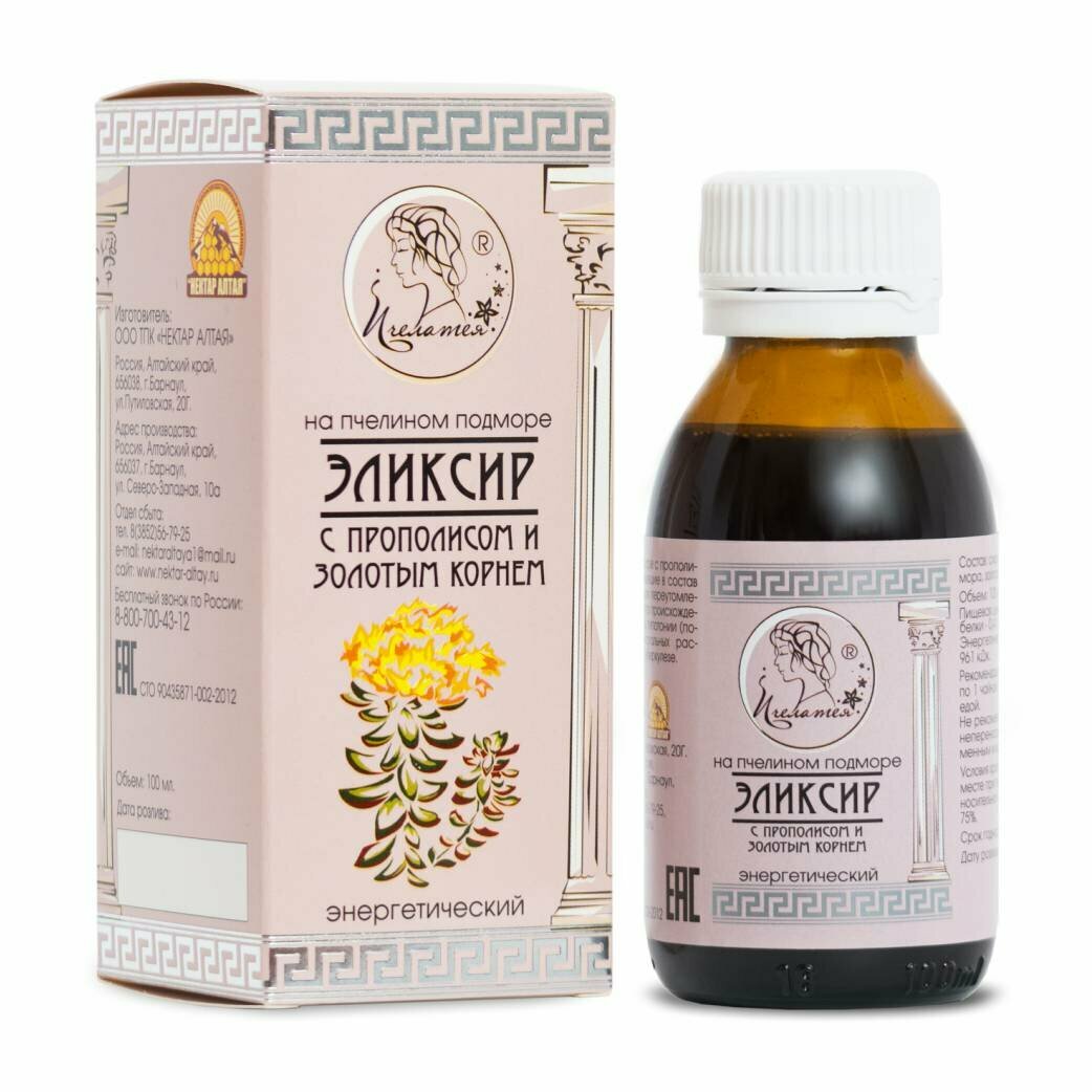Энергетический эликсир с прополисом и золотым корнем на пчелином подморе от бренда "Нектар Алтая", 100 мл