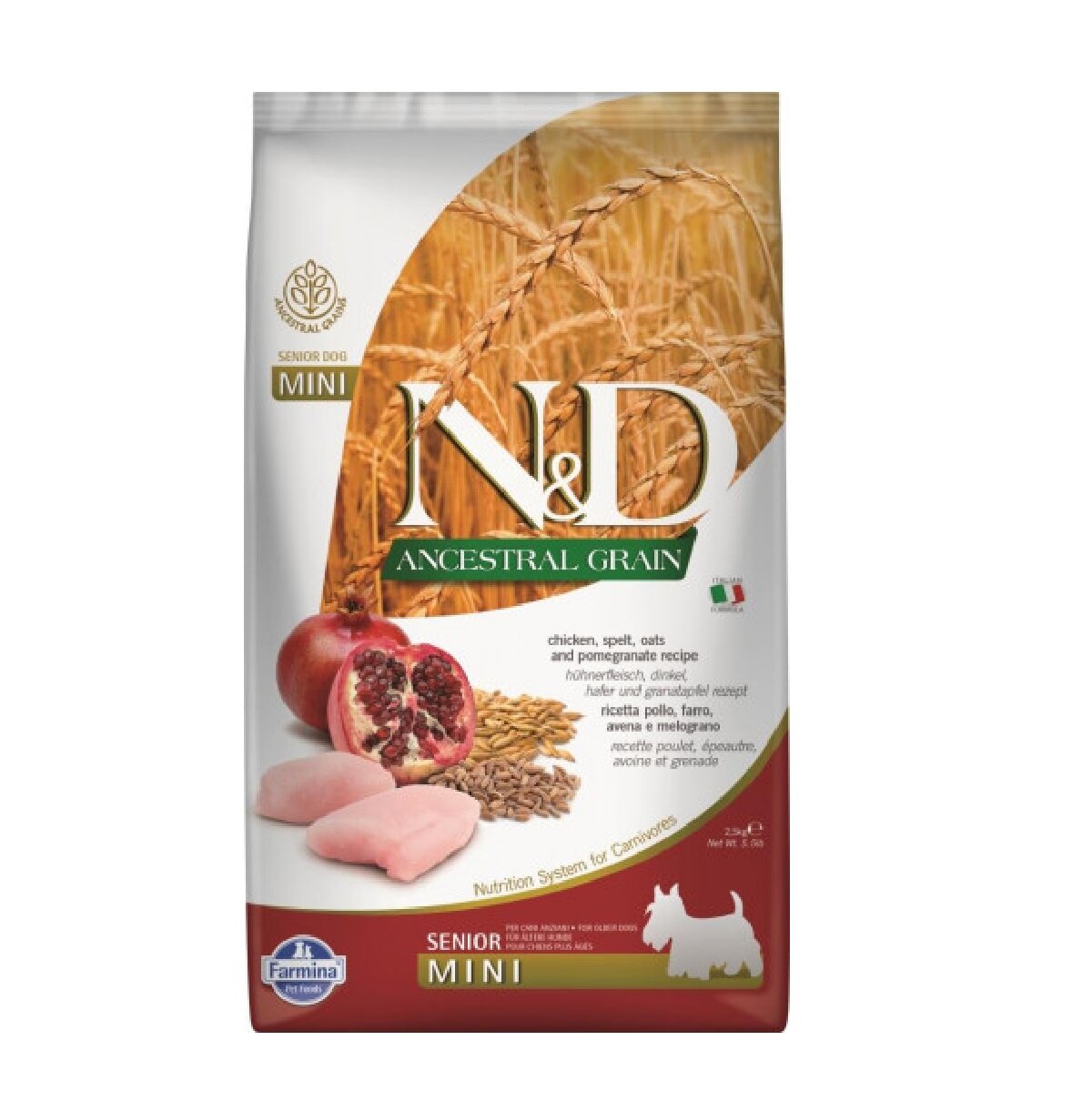 Сухой корм FARMINA ND ANCESTRAL GRAIN DOG Chicken Pomegrante Senior MINI для взрослых собак старше 7 лет мелких пород с курицей 2,5кг
