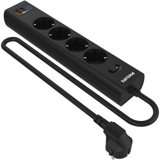 Сетевой фильтр Philips 4 Розетки с USB PD/QC3.0 (5/9/12В) 30Вт кабель - 3M черный