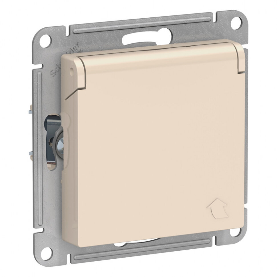 Розетка одинарная Systeme Electric AtlasDesign с/з, со шторками, с крышкой, 16А, механизм, Бежевая