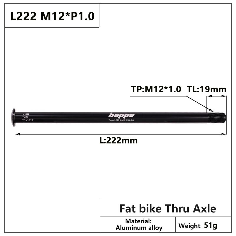 Велосипедная сквозная ось Heppe Fatbike черная алюминиевая M12 M15 L222 M12x1.0 TL19