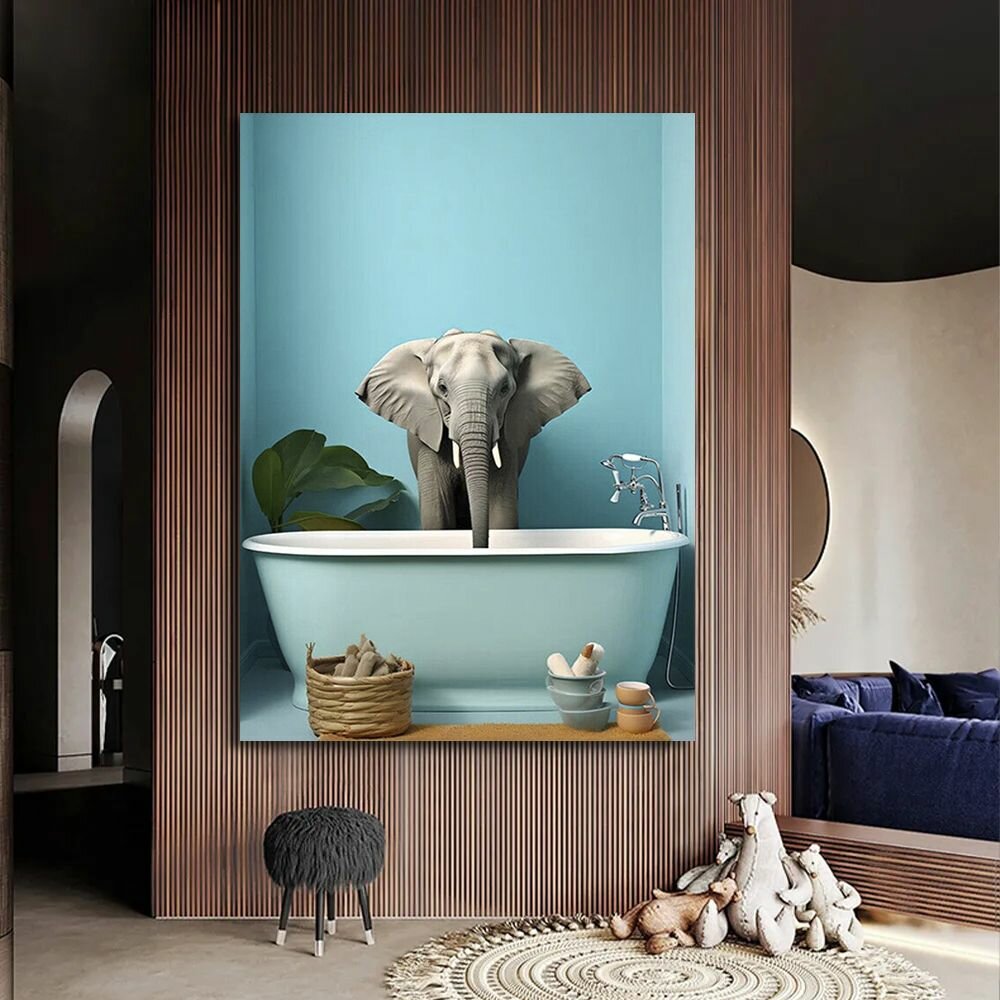 Картина "Слонёнок в ванной" от ВсеКартины. тут, на холсте, на подрамнике, дерево