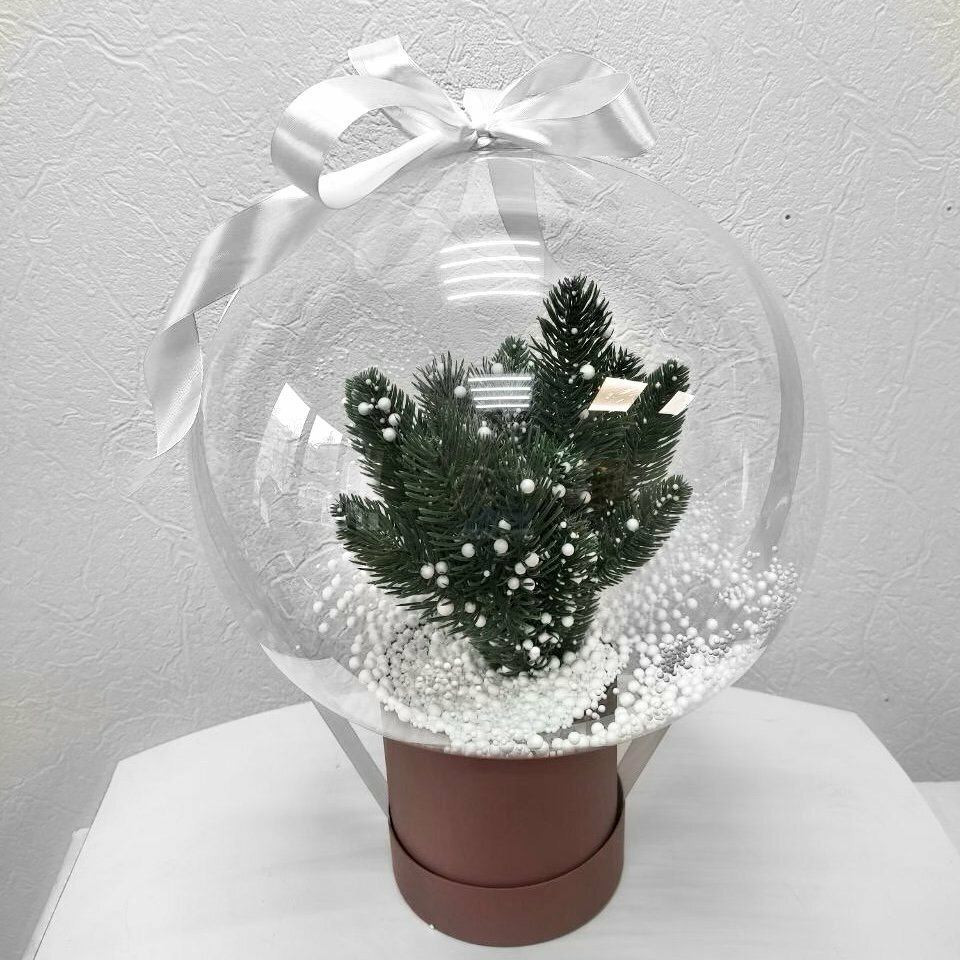 Бабл-бокс с веточкой ели и круглым белым конфетти "Зимний"