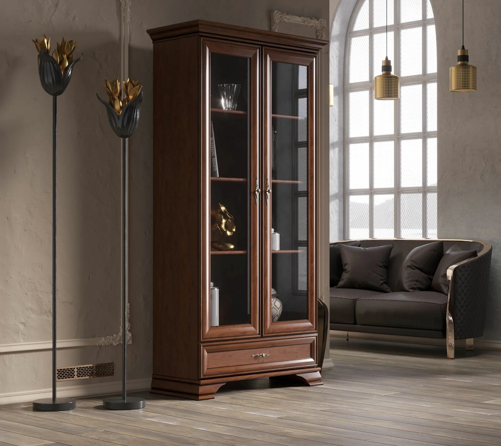 Шкаф-витрина Kentaki REG2W1S каштан, стеклянный, 2 двери, 4 полки, для посуды, в прихожую