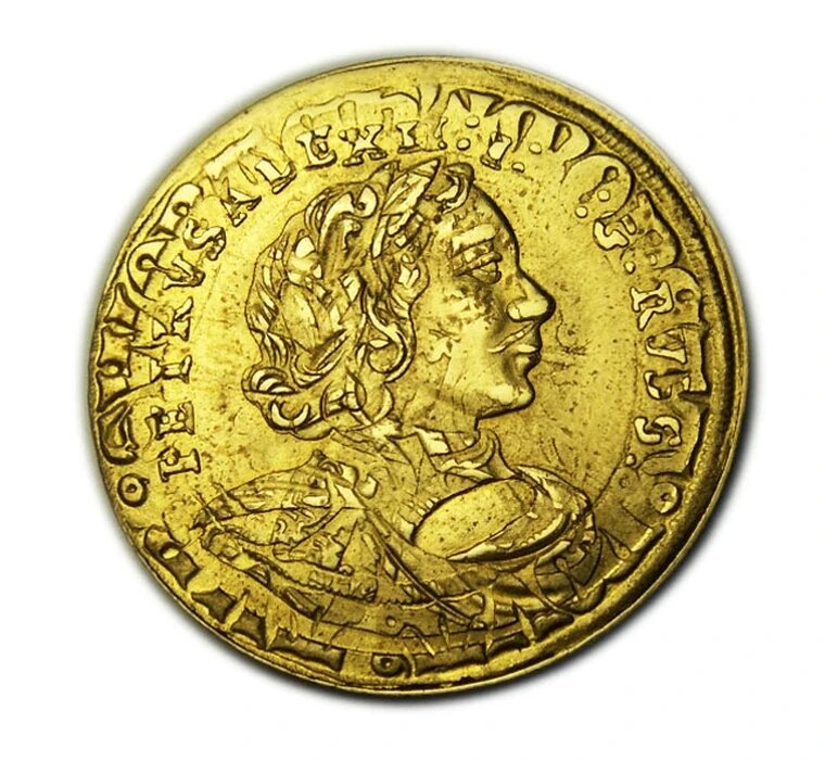 Золотой червонец Петра 1 перечекан на европейском дукате новодел сувенирная копия монеты, нумизматика, деньги для коллекции