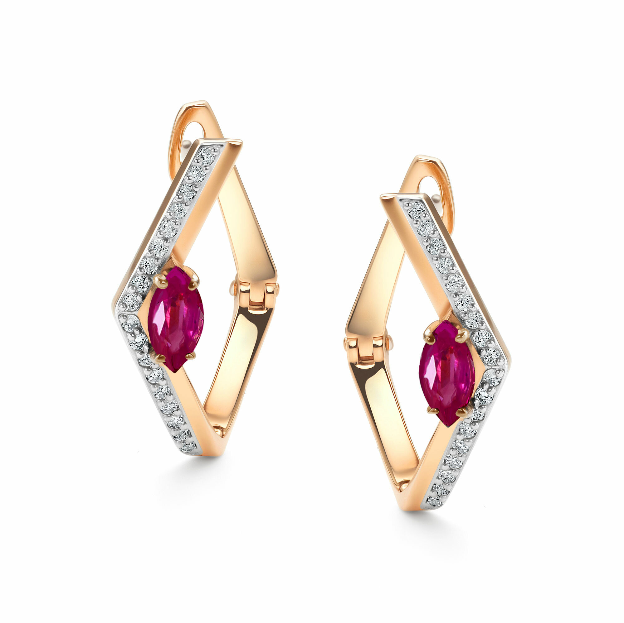 Серьги, красное золото, 585 проба, рубин, бриллиант