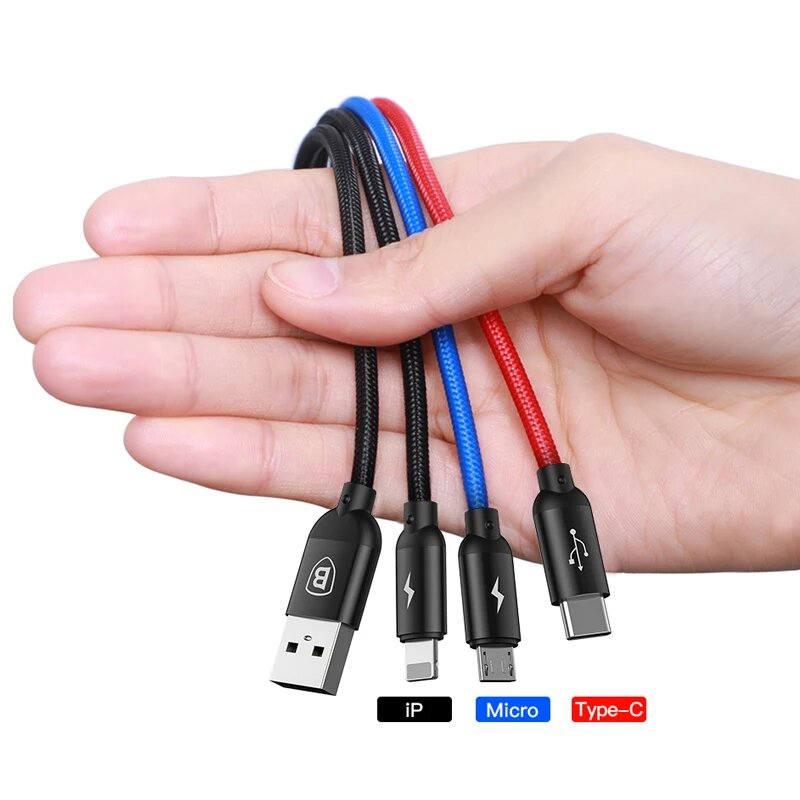 Baseus 3 в 1 кабель USB: Type-C, Micro, Lightning, 0.3 м, черный