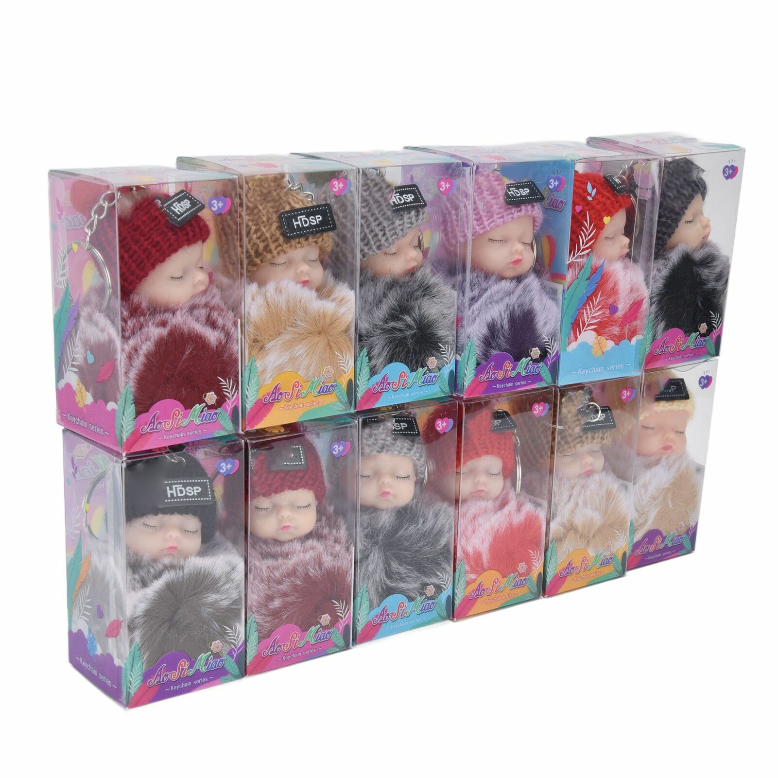 Ключевая цепочка-кукла Pom Pom Fluffy Cute Sleeping Baby - 12 штук, гибкие конечности, яркие цвета, мягкая и уютная