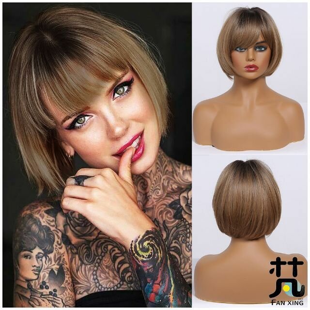 Парик для женщин: короткие волосы с челкой, градиентный розовый цвет, стильный боб.