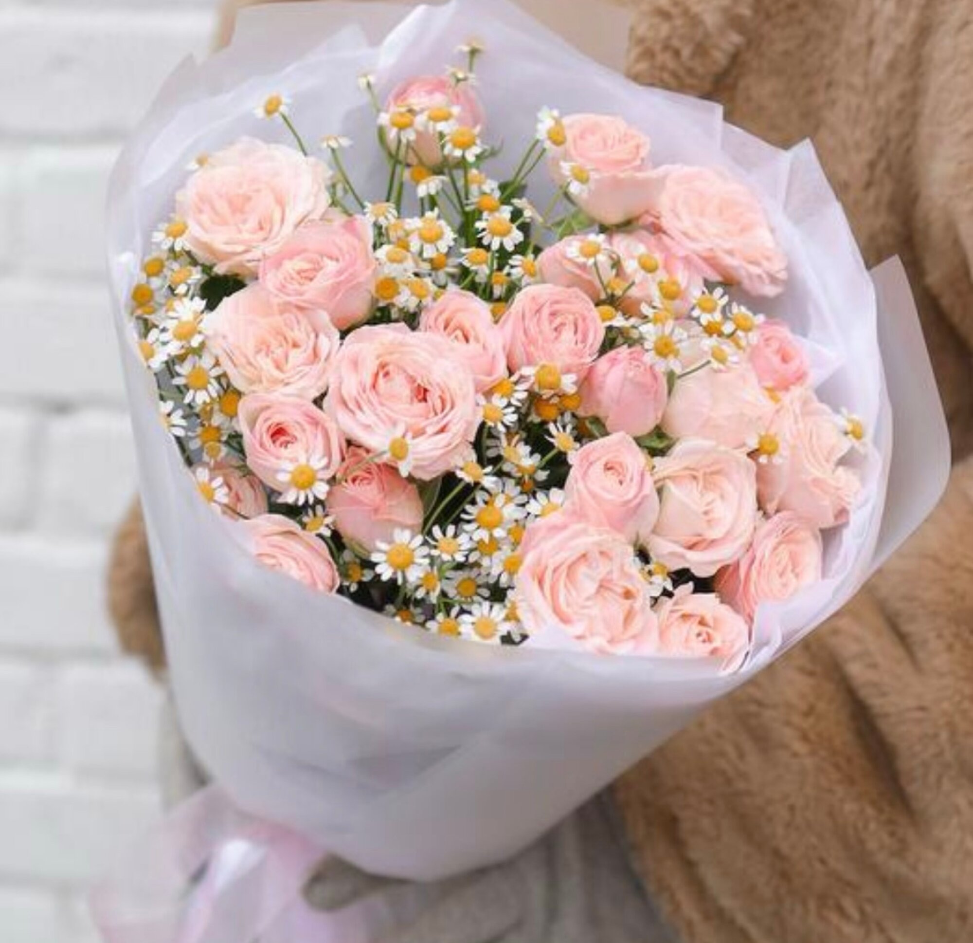 Букет пионовидные розы Мадам Бомбастик и кустовые ромашки