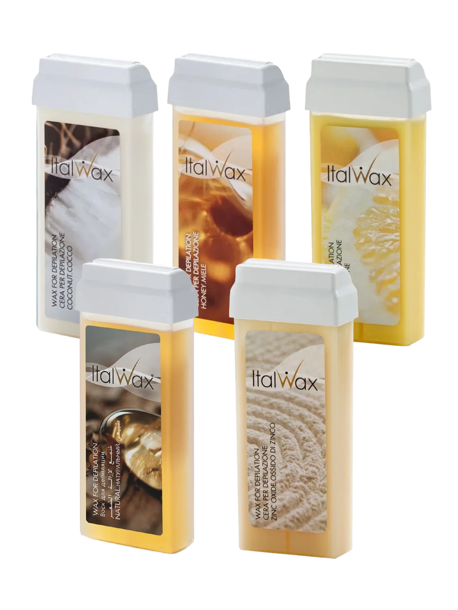 Воск в картридже ITALWAX NATURA набор из 5 шт по 100 мл. Кокос, Мед, Лимон, Натуральный, Оксид цинка