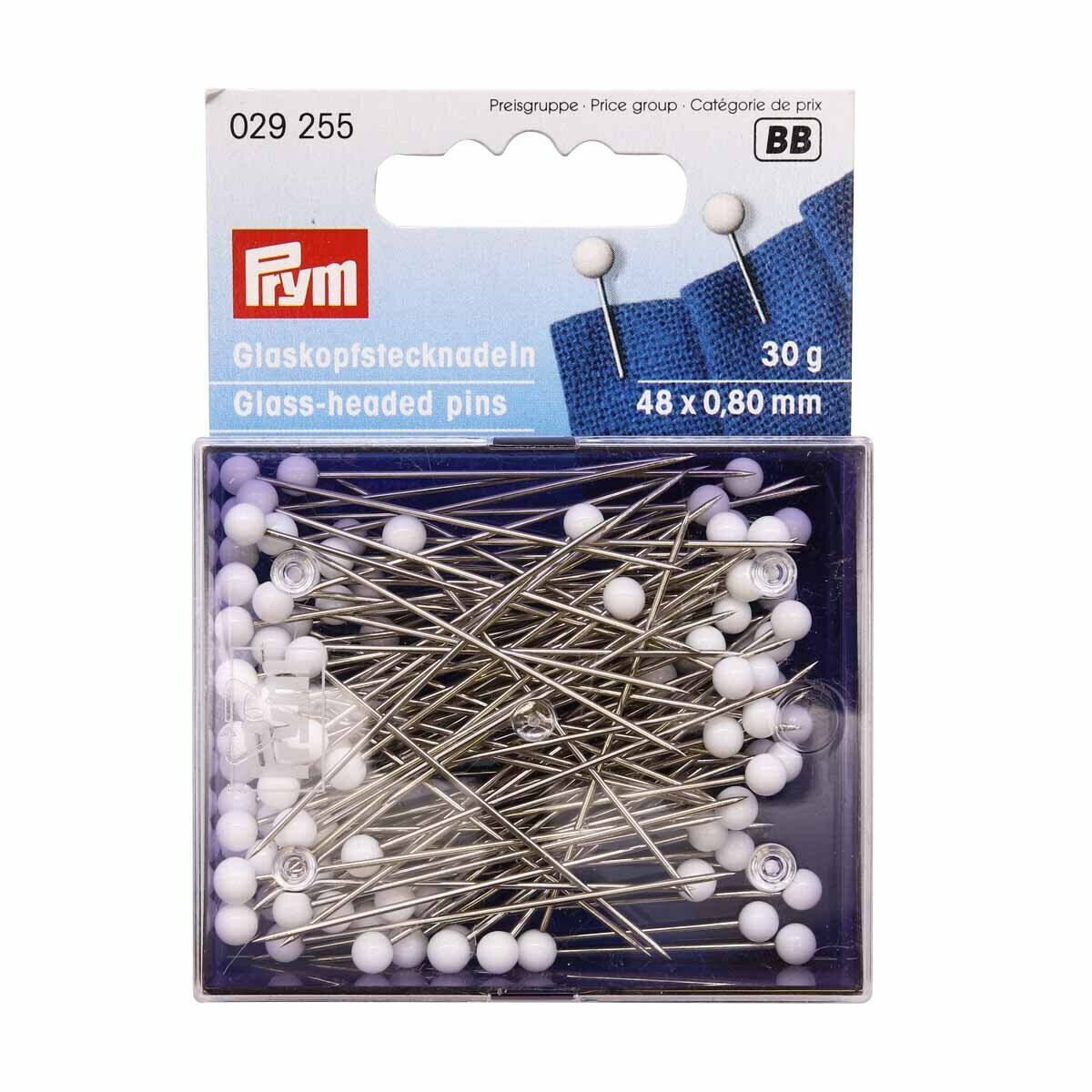 029255 Булавки со стекл. головками, закаленная сталь,2/0 серебристый цв, белый 0,80*48мм Prym