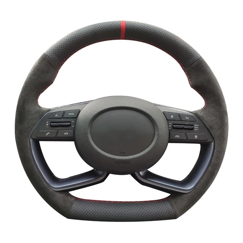 Нескользящий чехол на руль Hyundai Sonata Dn8 2020, замша, Red Thread