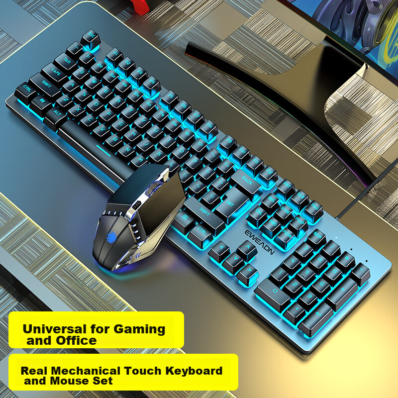 EWEADN GX300 Mechanical Feel Keyboard And Mouse Set for Gaming, E-Sports, Wired Desktop And Laptop, Office, Film Keyboard And Mouse, for PUBG And Other Games, Black with Ice Blue Light