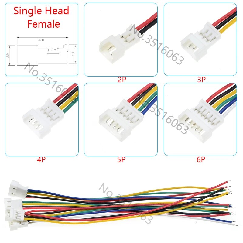 Разъем JST 1.25мм Female Single Head 2-6P с проводом