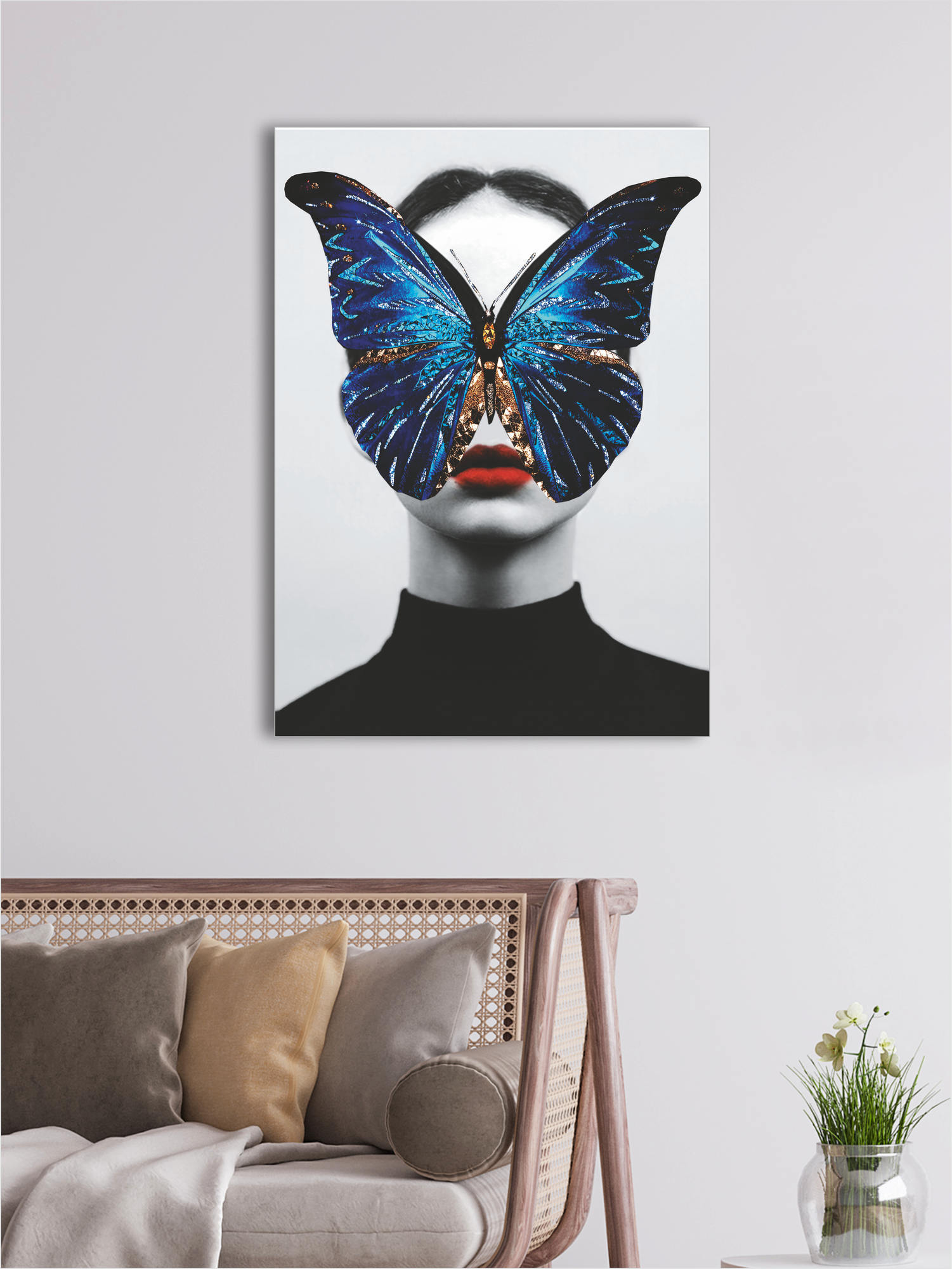 Картина для интерьера на стену портрет. Девушка с синей бабочкой 50х80 см на холсте на подрамнике